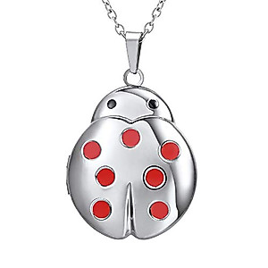 U7 Flying Ladybug Pendant Red Enamel Stainless Steel Unique Animal Shape Photo Locket Pendant Necklace for Women Girls
