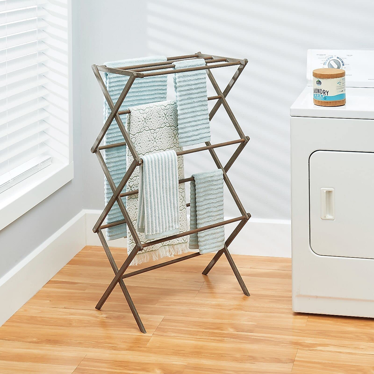 mDesign Bamboo Clothes Drying Rack - Collapsible, Foldable Wooden Laundry Drying Rack - Compact and Portable Indoor or Outdoor Air Dry Rack for Clothes and Delicates - Echo Collection - Gray