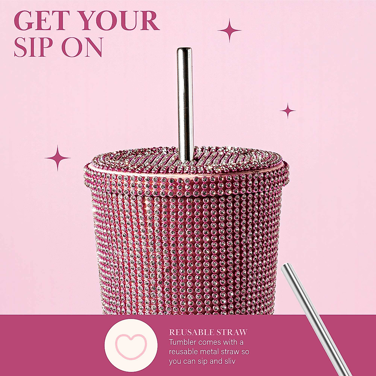 Paris Hilton Diamond Bling Water Tumbler With Lid And Straw, Vacuum Insulated Stainless Steel, Bedazzled With Over 3700 Rhinestones, 16.9-Ounce, Pink