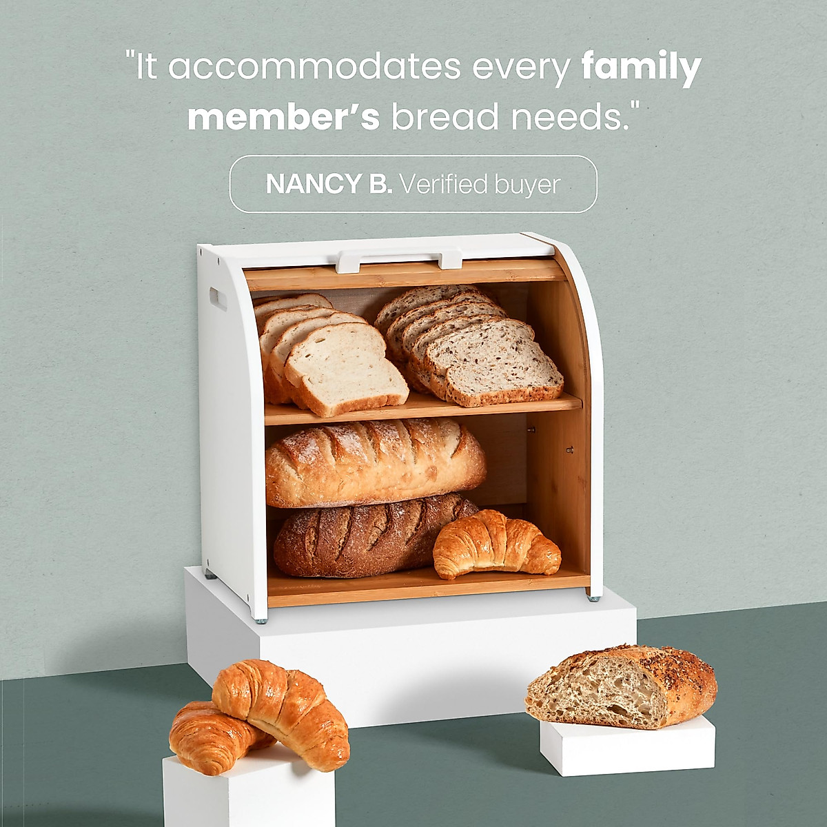 Homefully Co Bamboo Bread Box for Kitchen Countertop, Double Layer Extra Large Bread Box, Roll Top Bread Box White for Kitchen Storage and Decor Farmhouse and Modern 2 Layer Wooden Bread Bin