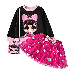 L.O.L. Surprise! Girl Birthday Skirt Set with Cute Bag, Long Sleeve Print Pullover Tee Mesh Tutu Skirts 3 Piece Outfit Set