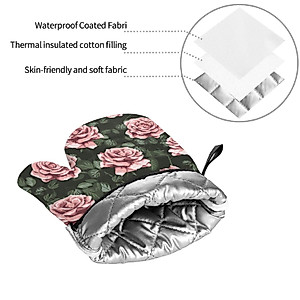 Oven Mitts and Pot Holders Sets 4 Piece, Pink Rose Flower Green Leaves Oven Gloves Heat Resistant Non-Slip for Kitchen Cooking Grilling Baking
