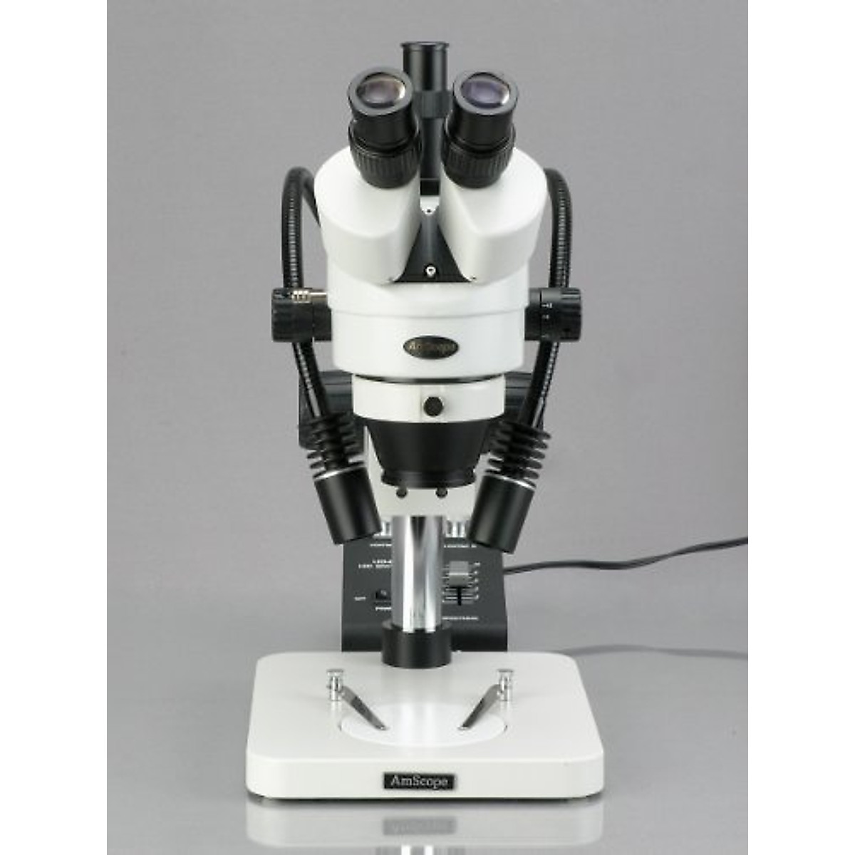 AmScope SM-1TSW2-L6W-5M Digital Professional Trinocular Stereo Zoom Microscope, WH10x and WH25x Eyepieces, 3.5X-225X Magnification, 0.7X-4.5X Zoom Objective, 6W Dual-Gooseneck LED Light, Pillar Stand, 85V-265V, Includes 0.5X and 2.0X Barlow Lenses, Includ