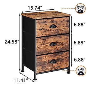 Furologee Nightstand with 3 Fabric Drawers, Tall End Table, Bedside Table for Storage, Small Dresser for Bedroom, Wooden Top for Living Room/Bedroom/Closet, Rustic Brown