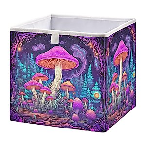 Emelivor Mushrooms Leaves Plants Cartoon Cube Storage Bin Fabric Storage Cubes Collapsible Foldable Storage Baskets Organizer Containers for Shelves Nursery Closer Bedroom Home,11 x 11inch