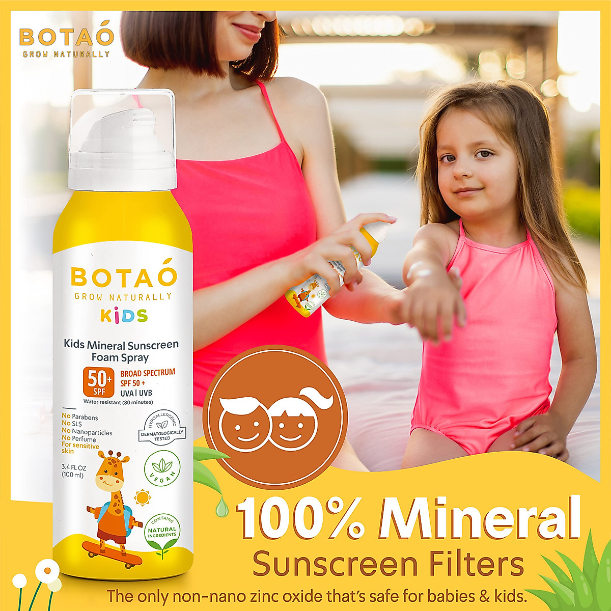 BOTAO Kid’s Mineral Zinc Oxide Sunscreen Foam Spray: SPF50 Broad Spectrum UVA UVB, Children or Kid’s for sensitive skin, Sunburn Protection, Zinc Oxide, 3.4 Oz (1-Pack)