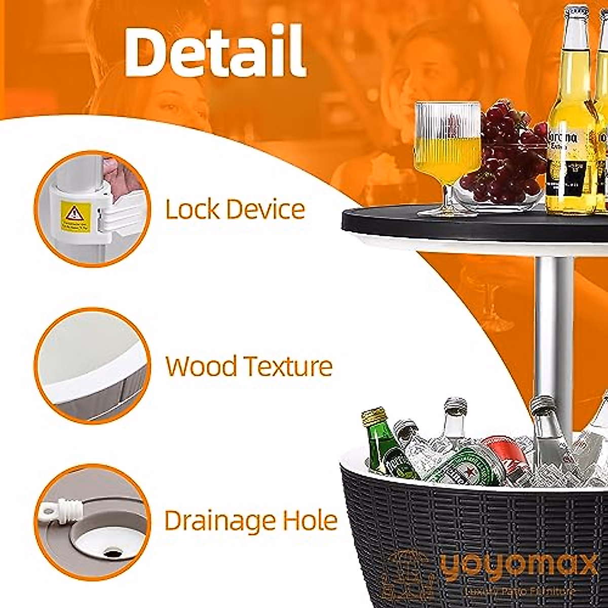 yoyomax Outdoor Cool Bar Table, 8 Gallon Beer and Wine Cooler Table, Patio Furniture & Hot Tub Side Table, Beverage Cooler, Rattan Style Patio, Cocktail Bar for Patio Pool Party-Black