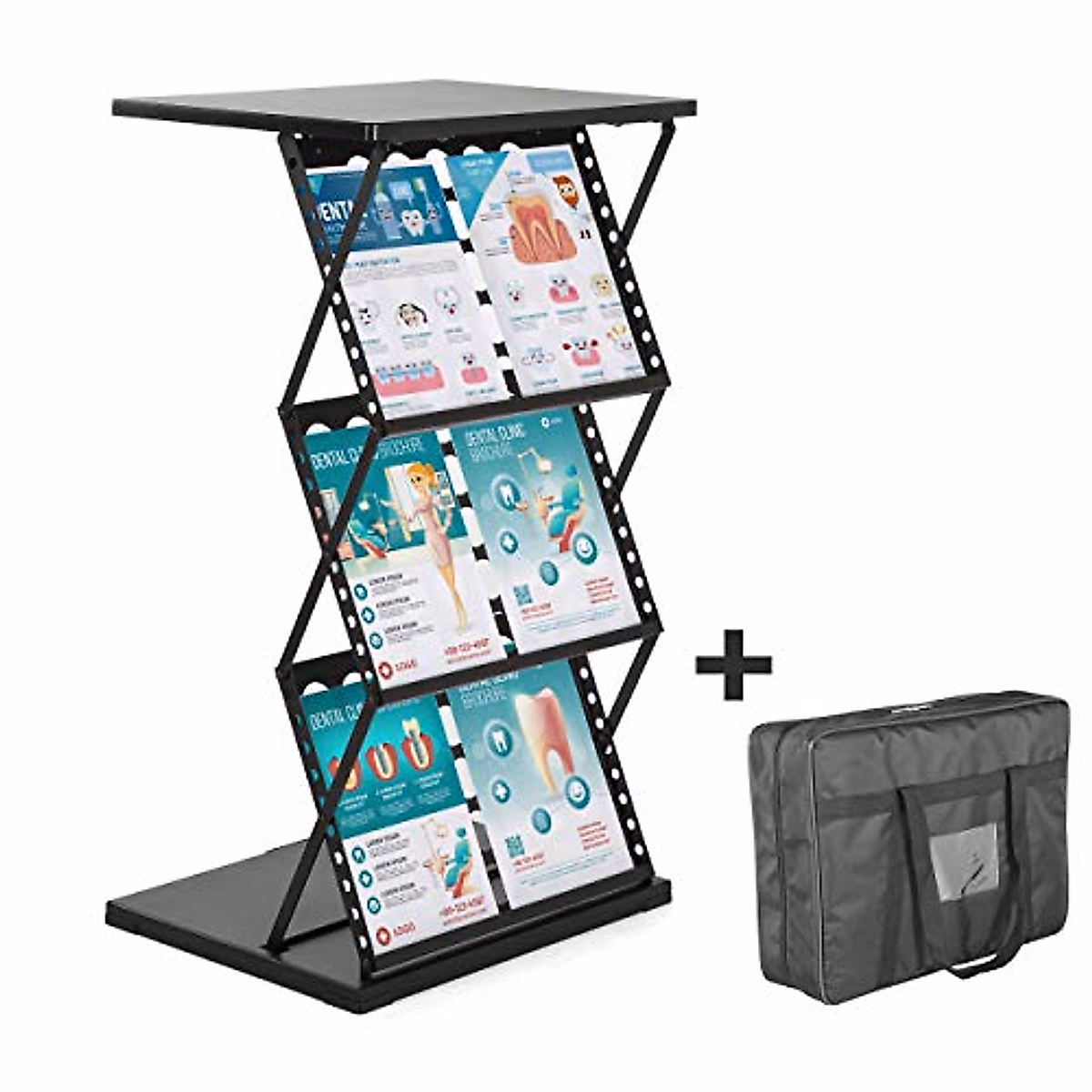 M&T Displays Foldable Counter with Perforated Literature Holder and Carrying Bag, Magazine Rack, Brochure Display Stand, Catalog Leaflet, Flier for Fair, Conference, Shows (Black, 2X(8.5x11))