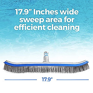 440 Heavy Duty Pool Brush - 18-inch Extra-Wide Metal Brush Head with Stainless Steel Wire Bristles & Curved Edges for Cleaning Pool Tiles, Walls, Floor, Steps - Easy Clip Attachment to Fit Most Poles