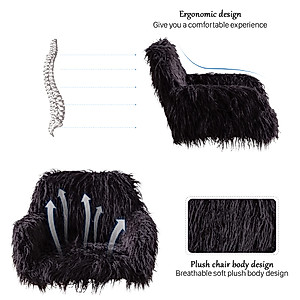 KCC Fluffy Office Desk Chair, Faux Fur Modern Swivel Armchair with Wheels, Soft Comfy Fuzzy Elegant Accent Makeup Vanity Chairs for Women Girls, Home Living Dressing Room Bedroom, Black