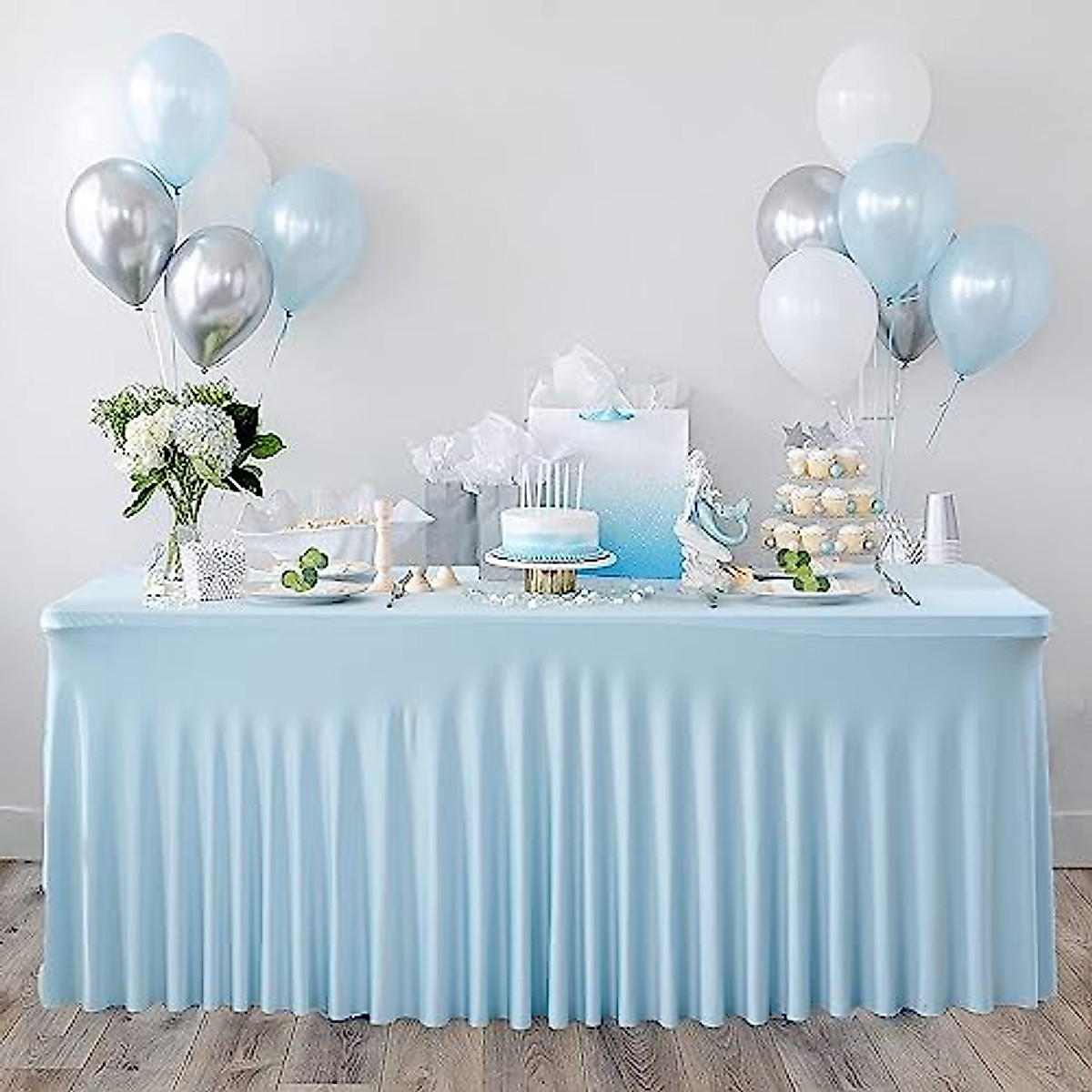 Htper Spandex Baby Blue Table Clothes for 8 Foot Rectangle Tables, Wrinkle Free Table Cloth 8ft Stretchy Tablecloths with Skirt for Parties Weddings Birthday Banquet Baby Shower, 1 Pack