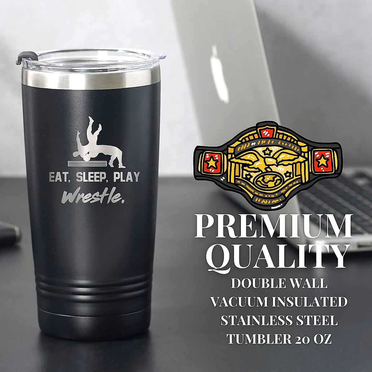 Onebttl Wrestling Gifts, Eat Sleep Play Wrestle, Wrestler Gifts for Men, Teen Boys, Appreciation Gift for Coaches, Juegos de Lucha libre, 20oz Stainless Steel Tumbler, Black