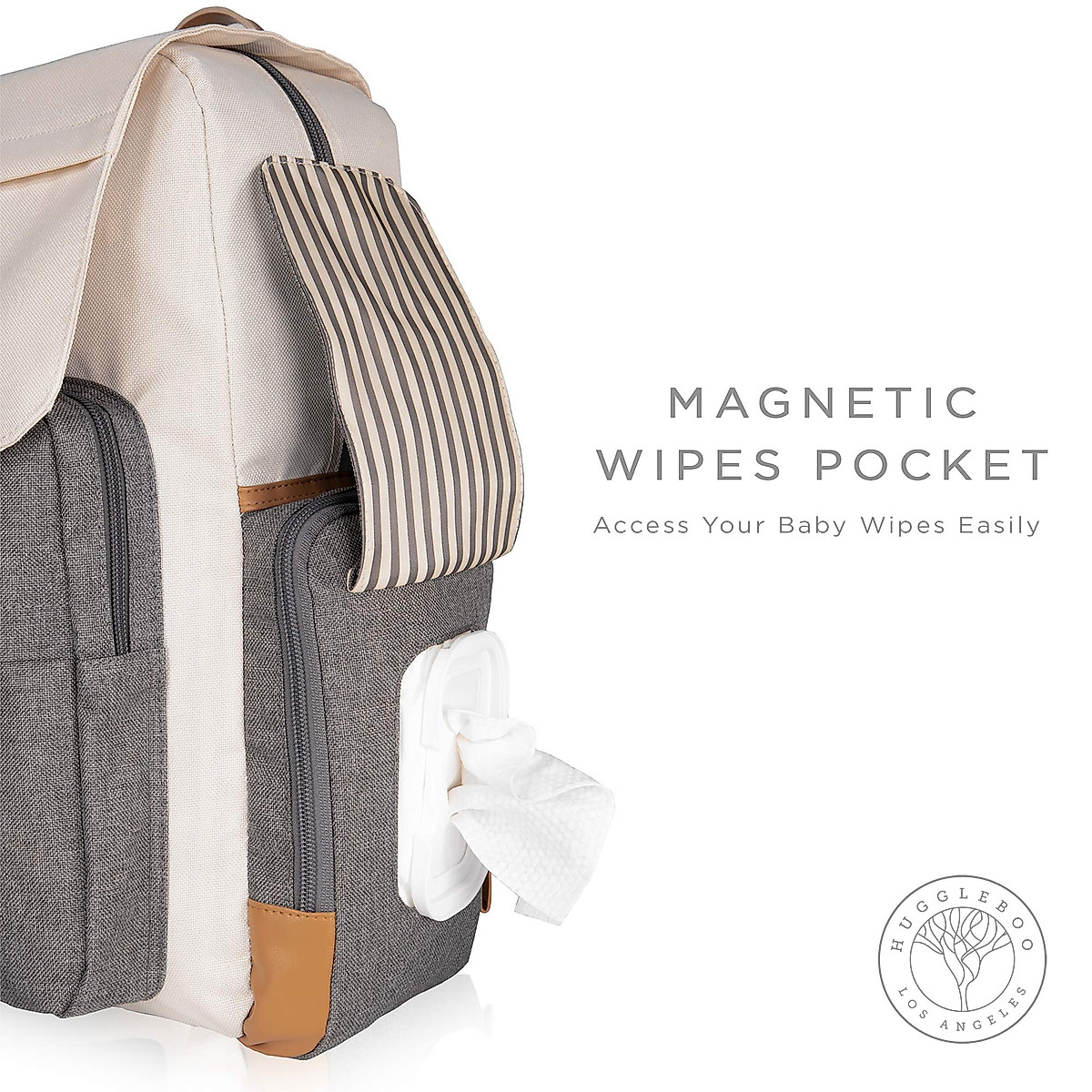 Huggleboo Diaper Backpack - Waterproof Canvas Baby Bag with Wipes Pocket Stroller Straps Changing Pad and Laptop Pocket - Unisex Maternity Travel Nappy Bag for Moms Dads Boys and Girls - Beige/Grey
