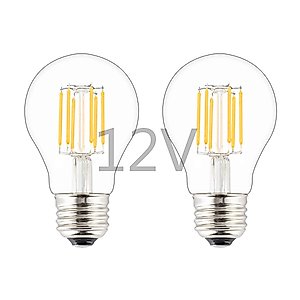 OPALRAY DC 12V-24V Low Voltage Input LED Bulb, Classic A19(A60) Style, 6W 600Lm, Dimmable with 12V PWM DC Dimmer, E26 Medium Base Lamp, Warm White Light, 60W Incandescent Equivalent, 12V Power, 2 Pack