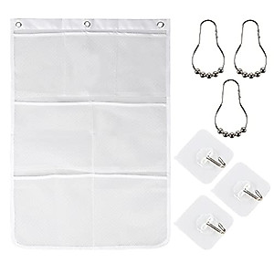 Beisto Mesh Shower Organizer Hanging Caddy with 7 Pockets,Shower Curtain Rod Hanging Organizer Storage Pockets Bathroom Hanger Organizer with Over the Hooks,white