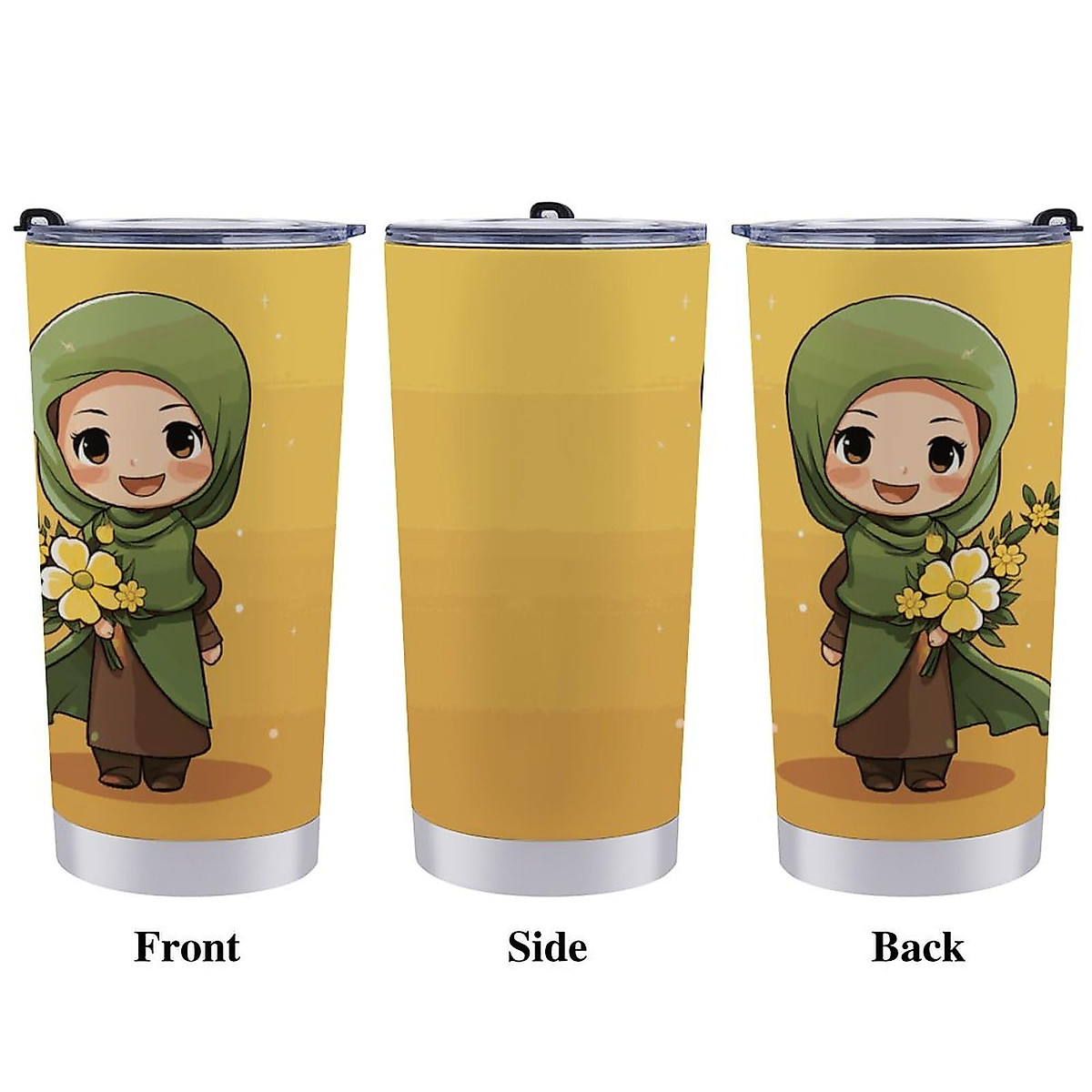 FZMTLDS Cartoon Muslim Girl Tumbler 20oz Stainless Steel Water Bottles with Handle Leak-proof Large Capacity Car Cup Travel Mug Insulated Coffee Cup Gifts for Women Men