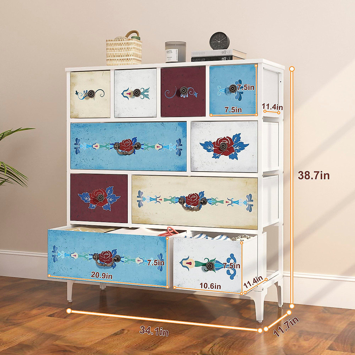 LYNCOHOME Boho Dresser for Bedoroom, Tall Dresser with 10 Drawers, White Chest of Drawers, Dresser Organizer for Closet, Entryway, Living Room, Nursery Room, Hallway