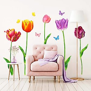 DECOWALL SG-2116 5 Large Tulip Wall Decals Colorful Flower Butterfly Stickers for Bedroom Living Room Nursery Bathroom Home Decor Art Decoration DIY