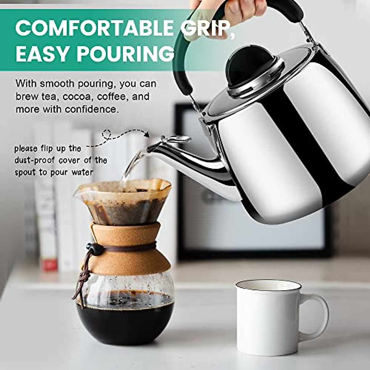 Tea Kettle - 4QT Whistling Tea Pots for Stove Top - Food Grade Stainless Steel Teapot - Classic Stovetop Kettle with Universal Base, Cool Grip Bakelite Handle