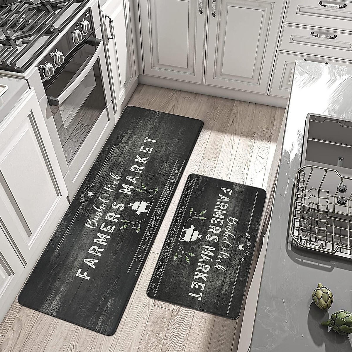 Falflor Farmhouse Kitchen Rug and Mats 2 PCS Cushioned Anti Fatigue Floor Mats Set Non Slip Heavy Duty Comfort Standing Mats for Kitchen Sink Office Standing Desk(Black)