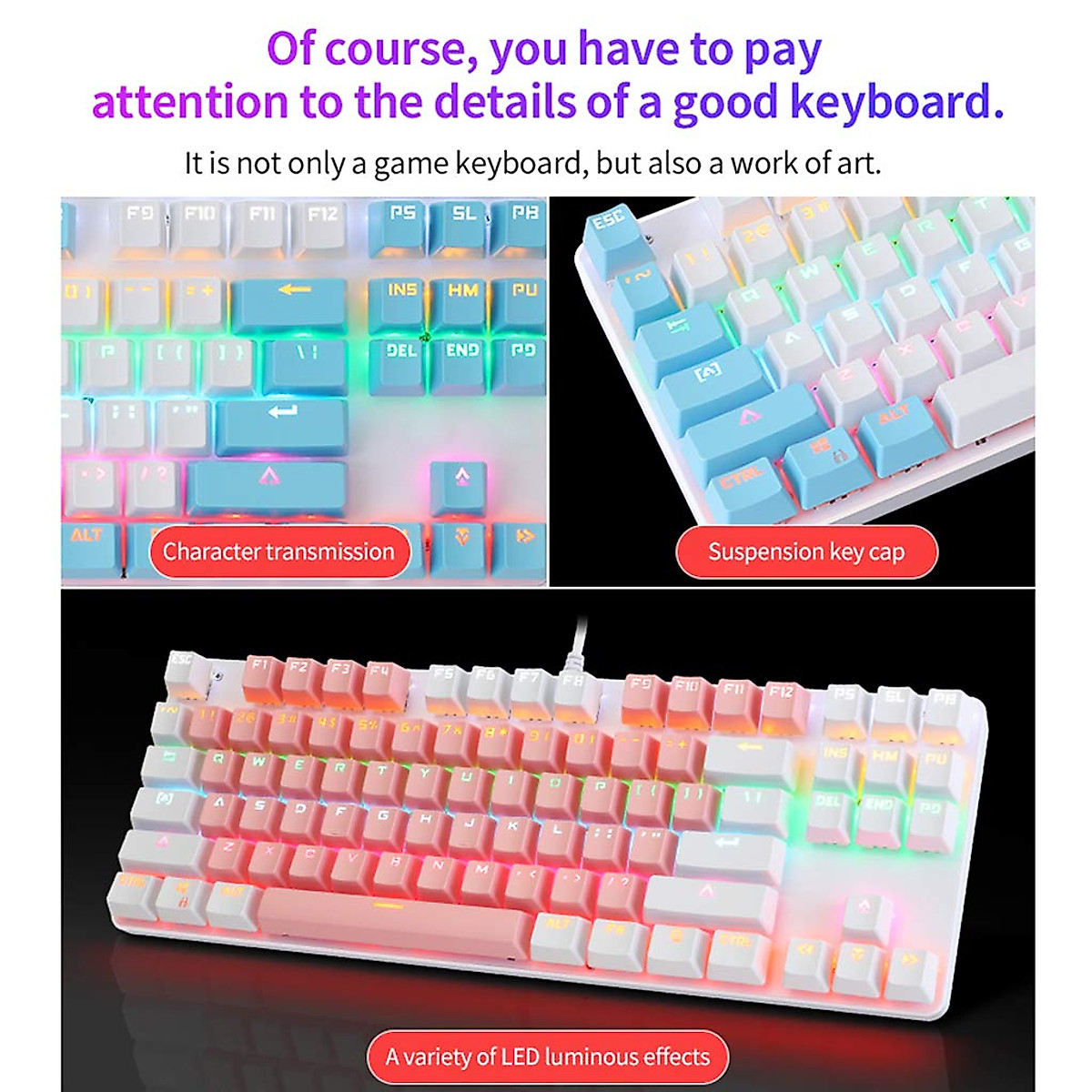 BLUEXIAO K100 87-Keys Blue Switch Mechanical Keyboard Aluminum Alloy-ABS Ergonomic Keyboard High Responsiveness Gaming Keyboard for PC Laptop Players K100 87-Key Green Axis Keyboard