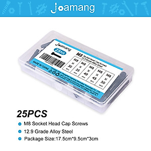Joamang M8 x 30mm 35mm 40mm 45mm 50mm Hex Socket Head Cap Screws Bolts, 12.9 Grade Alloy Steel, Black Oxide Finish, Metric Allen Hex Drive, Fully Threaded, Assortment Kit 25Pcs