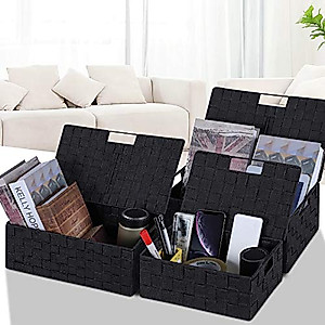 LEAVINSKY Nylon Woven Box, Woven Storage Baskets Box Bin Container, Nylon Storage Basket Box with Lid, Stackable Storage Basket Woven Strap Organizer Built-in Carry Handles (Black)