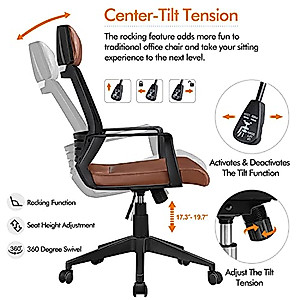 Yaheetech Executive Office Chair, Ergonomic High Back Leather/Mesh Desk Chair with Headrest and Lumbar Support, Swivel Chairs on Wheels/Castors for Home Office, Brown