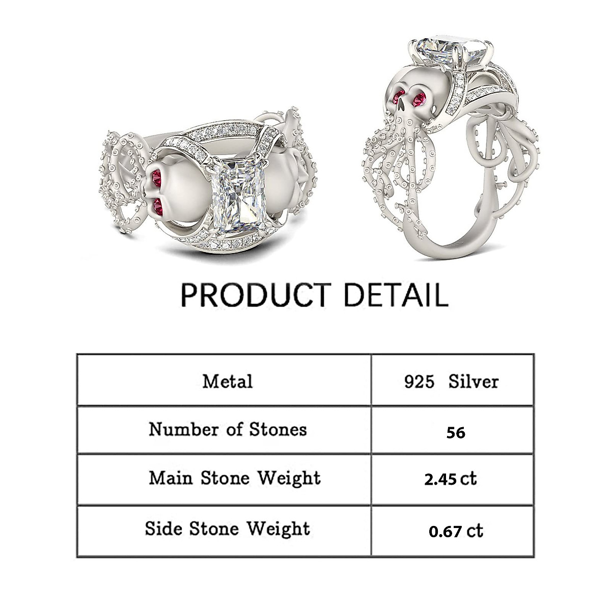 Jeulia 3 Carat Octopus Eternity Ring 925 Sterling Silver Radiant Cut Engagement Ring Cubic Zirconia Wedding Band Rings Promise Anniversary Romantic Jewerly Gift (Silver, 5.5)