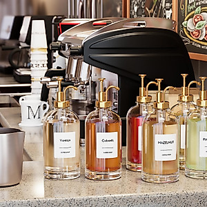 Coffee Syrup Dispenser Set - 2 Glass Bottles with Gold Pumper and Syrup Labels - Precise Dispensing and Stylish Addition to Coffee Shop, Cafe or Home Bar