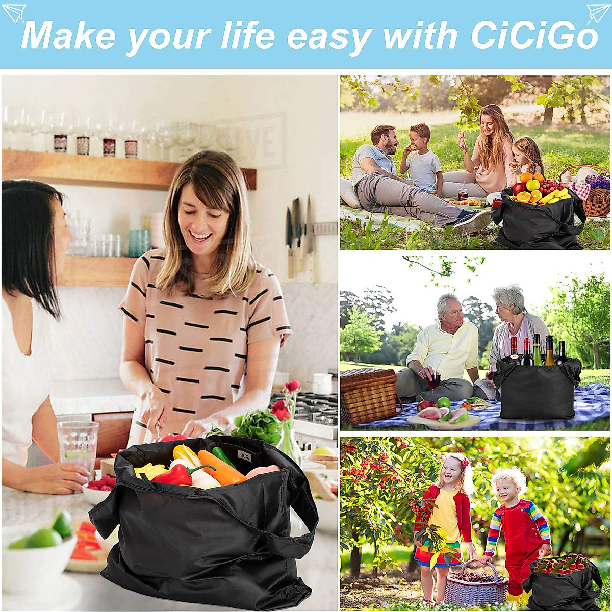 CiCiGo Large Reusable Bags Shopping Washable Foldable 6 Pack Grocery Bags Heavy Duty Lightweight Folding Gift Tote Bags Durable Polyester Black