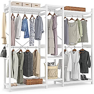 Homykic Bamboo Clothes Rack, Large Closet System Clothing Rack for Hanging Clothes, Freestanding Garment Rack with Shelves and 5 Rods, Open Wardrobe Organizer with 4 Hooks, 70”Wx77”H, White
