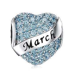 March Birthstone Charms for Pandora Charms Bracelet Sterling Silver Heart Bead Happy Birthday Charms for Bracelets Necklace