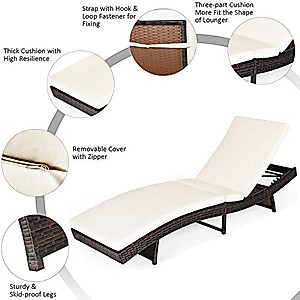 HAPPYGRILL Patio Chaise Lounge Outdoor Rattan Wicker Lounger Chair Adjustable Ergonomic Reclining Chaise Chair with Cushion for Patio Poolside Backyard Garden