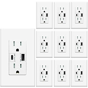 USB C Outlet, 4.8A Type C + A Fast Charger, Tamper Resistant 15-Amp Receptacle Compatible with Samsung Z Fold5 S22, Google Devices UL Listed, Not for Laptops (Type C 10 Pack)