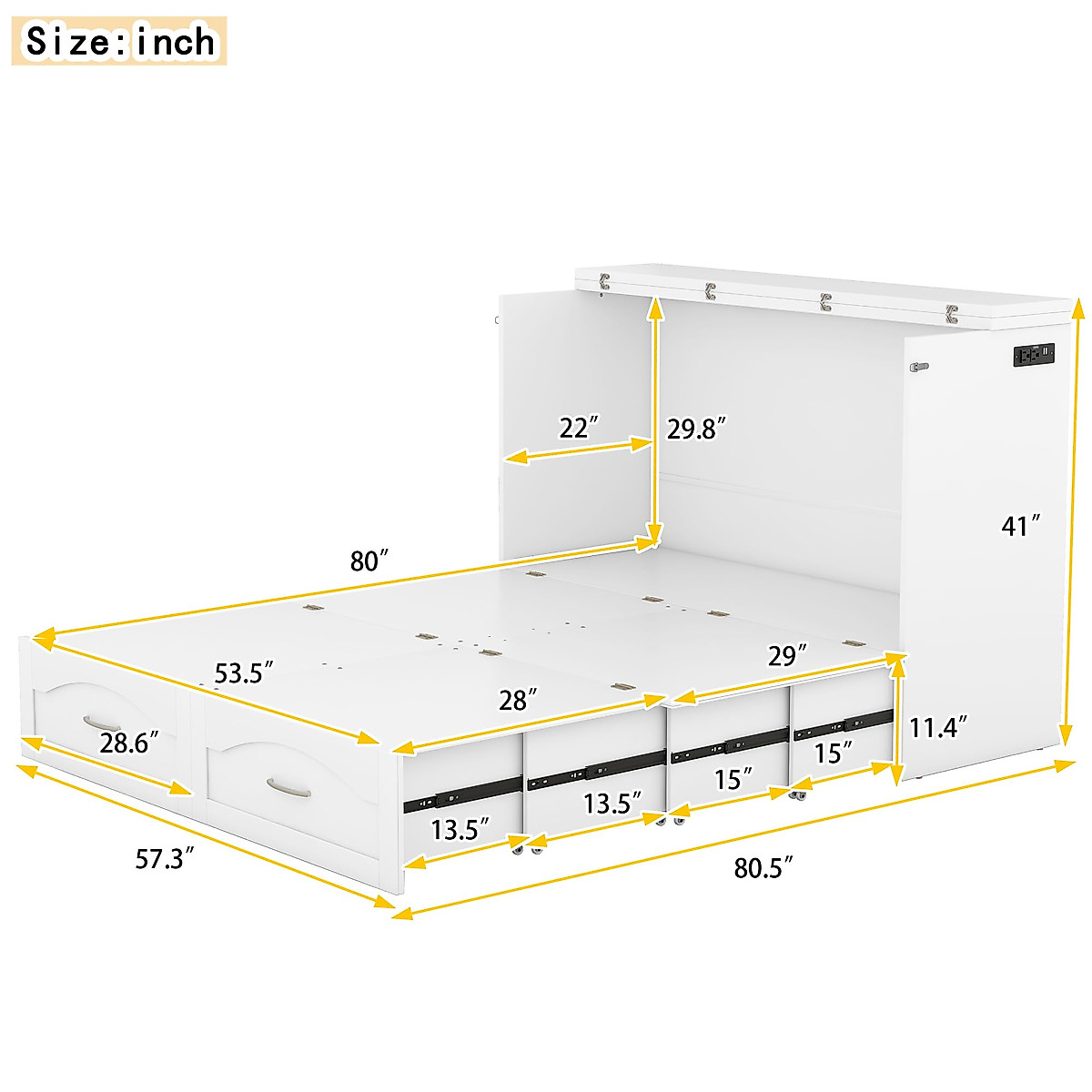 Jintop Full Size Murphy Bed,Cabinet Hideaway Bed with Drawer and a Set of Sockets & USB Ports,Wood Wall Bed can be Folded w/Pulley Structure Design,Easy Assembly,for Kids Bedroom,Student Dorms,White
