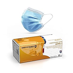 Defender Safety- MADE IN USA, ASTM Level 2 98% PFE, Medical Grade, Procedure Face Mask (50 Pack)