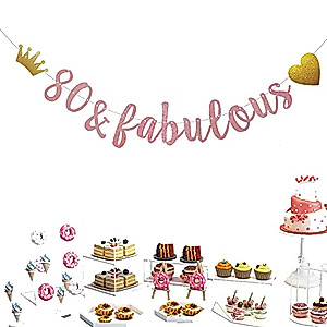 80 & fabulous Banner, Pre-Strung, No Assembly Required, Funny Rose Gold Paper Glitter Party Decorations for 80th Birthday Party Supplies, Letters Rose Gold,ABCpartyland