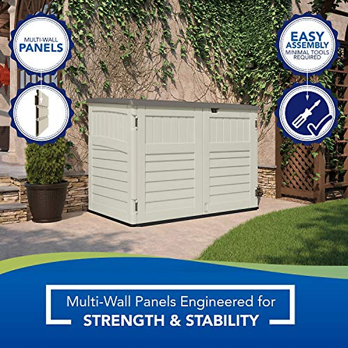 Suncast 5. 4 ft. x 3. 2 ft Horizontal Stow-Away Storage Shed - Natural Wood-like Outdoor Storage for Trash Cans and Yard Tools - All-Weather Resin, Hinged Lid, Reinforced Floor - Vanilla and Stoney