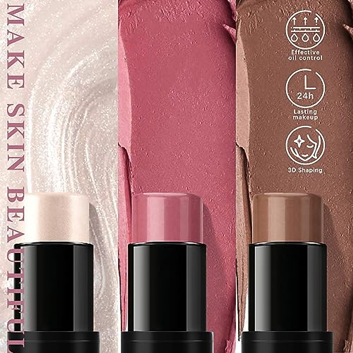 NewBang 3 Pcs Cream Blush Contour Highlighter Stick for Cheeks Eyes Lips Lightweight Dewy Finish Blush Stick Waterproof Long Lasting Contour Stick Trio Wand Face Makeup Set for Girls and Women (2+5+6)