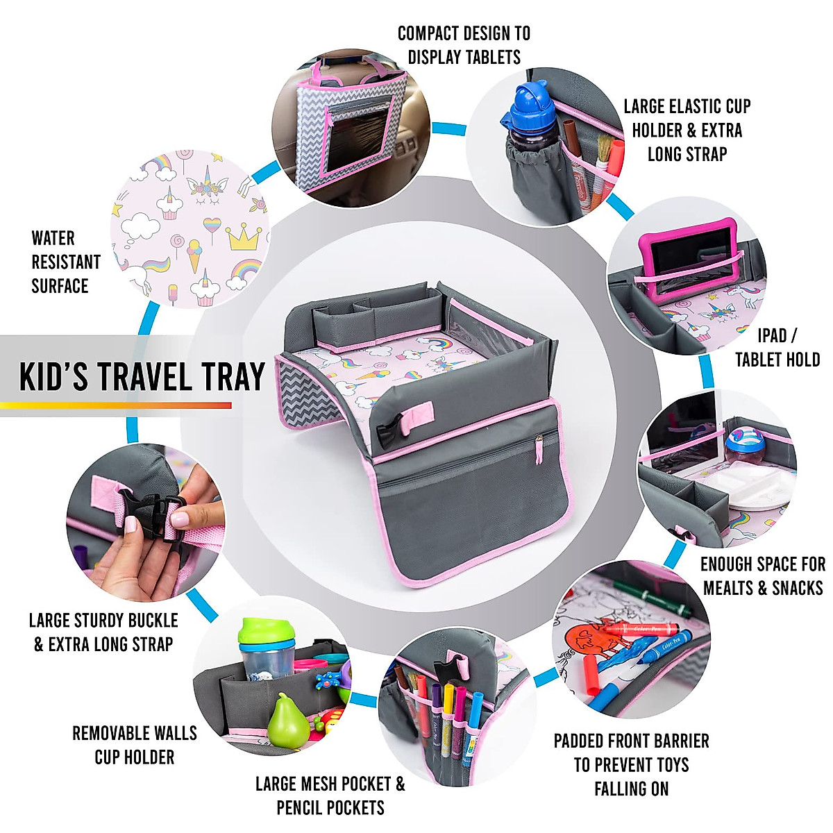 Kids Travel Tray - Car Seat Tray - Travel Lap Desk Accessory for Your Child's Rides and Flights - it's a Collapsible Organizer that Keeps Children Entertained Holding Their Toys (Pink)