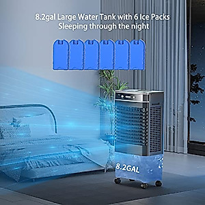VCJ Evaporative Cooler for room, 120°Oscillation Swamp Cooler with 6 Ice packs,3-Mode 3-Speed Air Conditioner for Outdoor Indoor Use Home Office