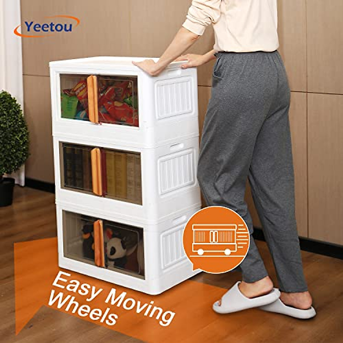 Storage Bins with Lids - 5 Packs Collapsible Storage Bins with Wheels 20 Gal Stackable Plastic Storage Bin Organizer with Double Doors & Secure Buckle, X-Large Storage Containers for Home Organizing Clothes, Clear Tan Color Door(80 Quart/20 Gal)