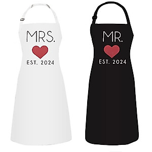 GSM Brands Mr. and Mrs. 2024 Couples Kitchen Aprons (2-Piece Set) Cute, Funny Cooking Bibs for Wedding Marriage Newlyweds