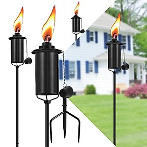 FAN-Torches Home Garden Torch Set of 4, 16oz Outdoor Metal Torch Garden Décor,59-Inch Upgraded Citronella Torches with 3-Prong Grounded Stake, Metal Light Torches for Party Patio Pathway