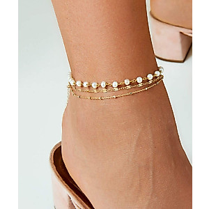 Women Dainty Anklet,14K Gold Plated Satellite Anklet Double Layered Cute Beads Chain Tassel Coin Disc Heart Summer Ankle Bracelet Boho Beach Foot Chain