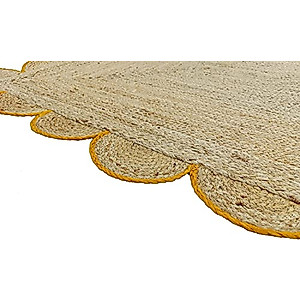 THE PIKKU INTERNATIONAL - Handmade Jute Rug Beige with Scallop Yellow Border Rectangle Hand Woven Farmhouse Jute Area Rug (7 x 11 ft)