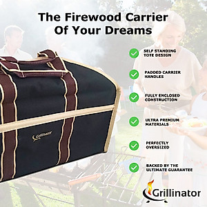 Grillinator Ultimate Firewood Log Carrier: Back Saving Design with Ultra Premium Canvas (Black)