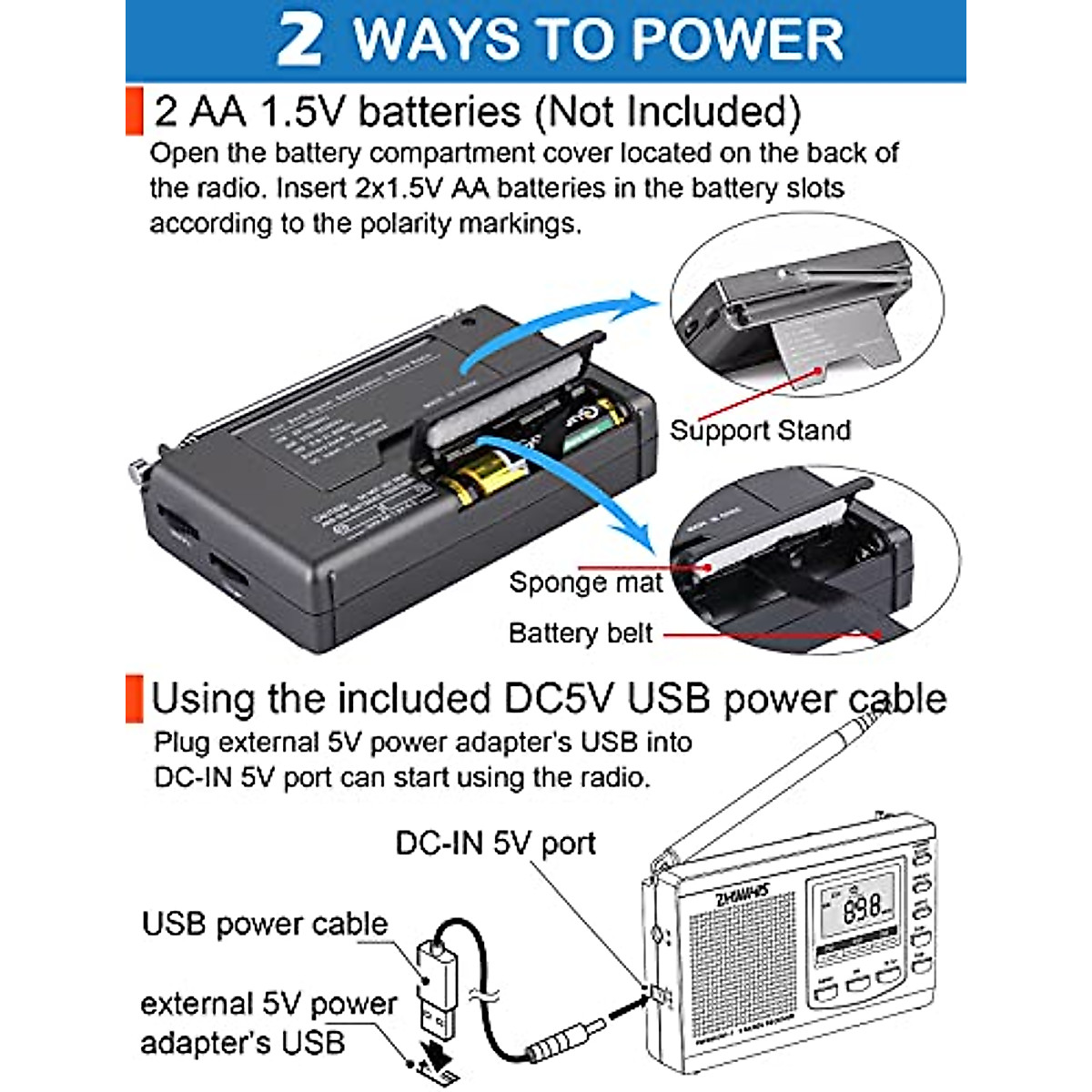 Portable Radio, ZHIWHIS AM FM Shortwave Radios with Best Reception, Battery Operated Clock Radio with Preset Function, Alarm Clock Digital Tuner with Sleep Timer
