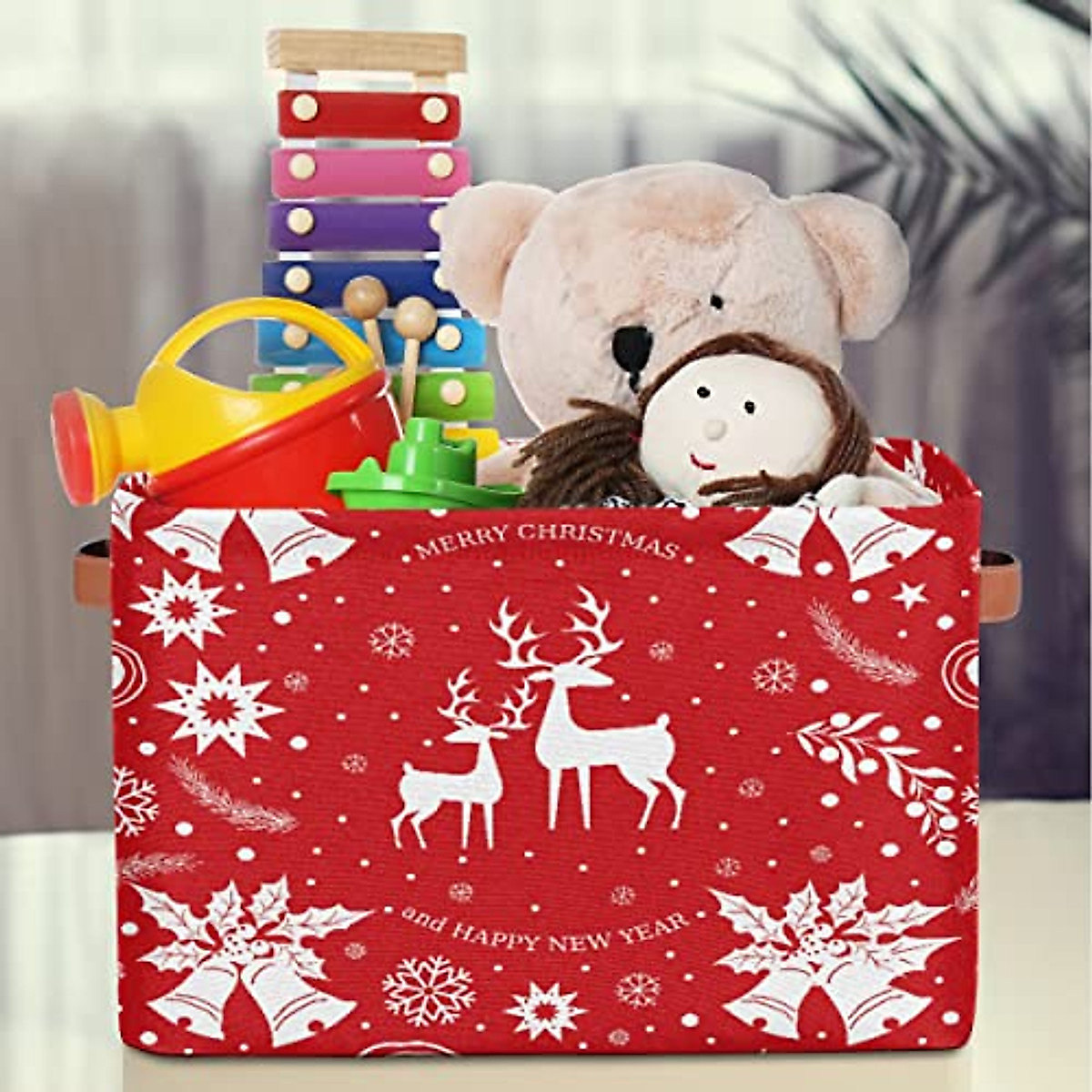Cute Christmas Decor Storage Basket Bins Cubes Organizer Xmas Red and White Deer Foldable Storage Box with Leather Handles Collapsible Closet Storage Bins for Shelves Kids Toys Closets Nursery Bedroom